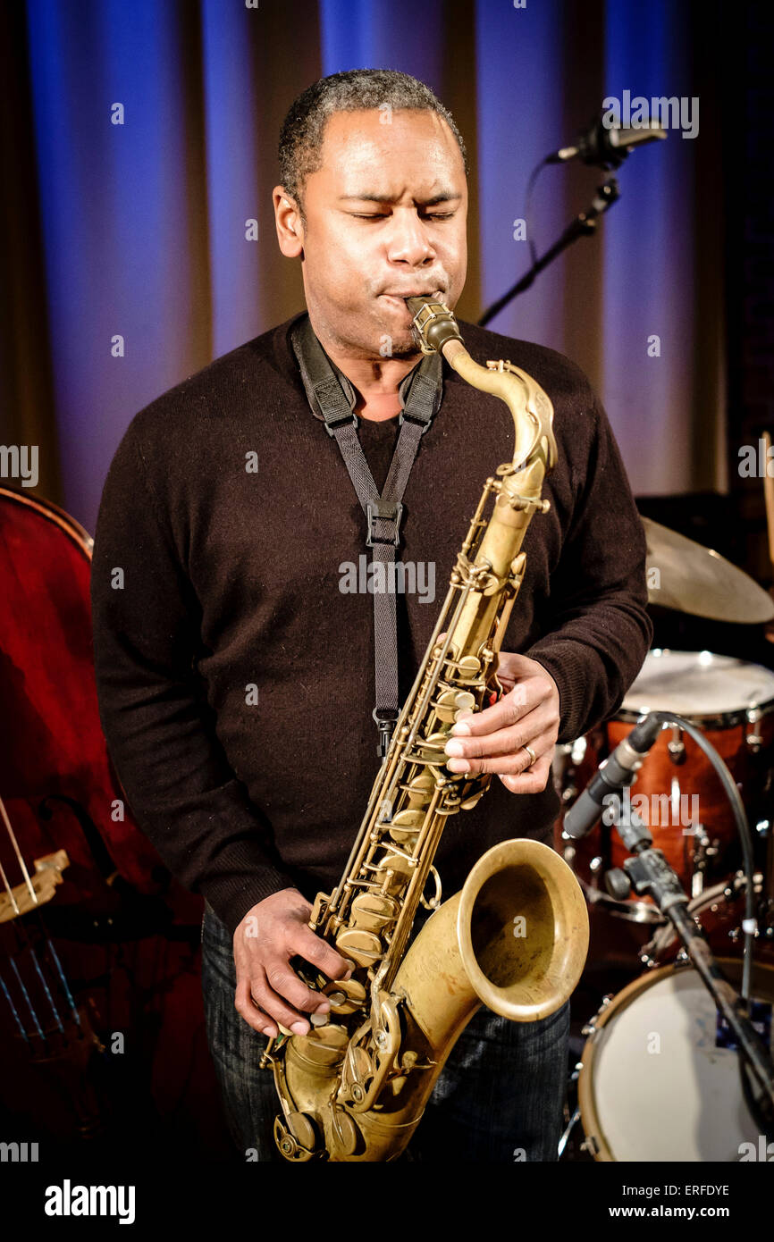 Denys Baptiste on tenor during soundchecks at the Turner Sims Concert ...