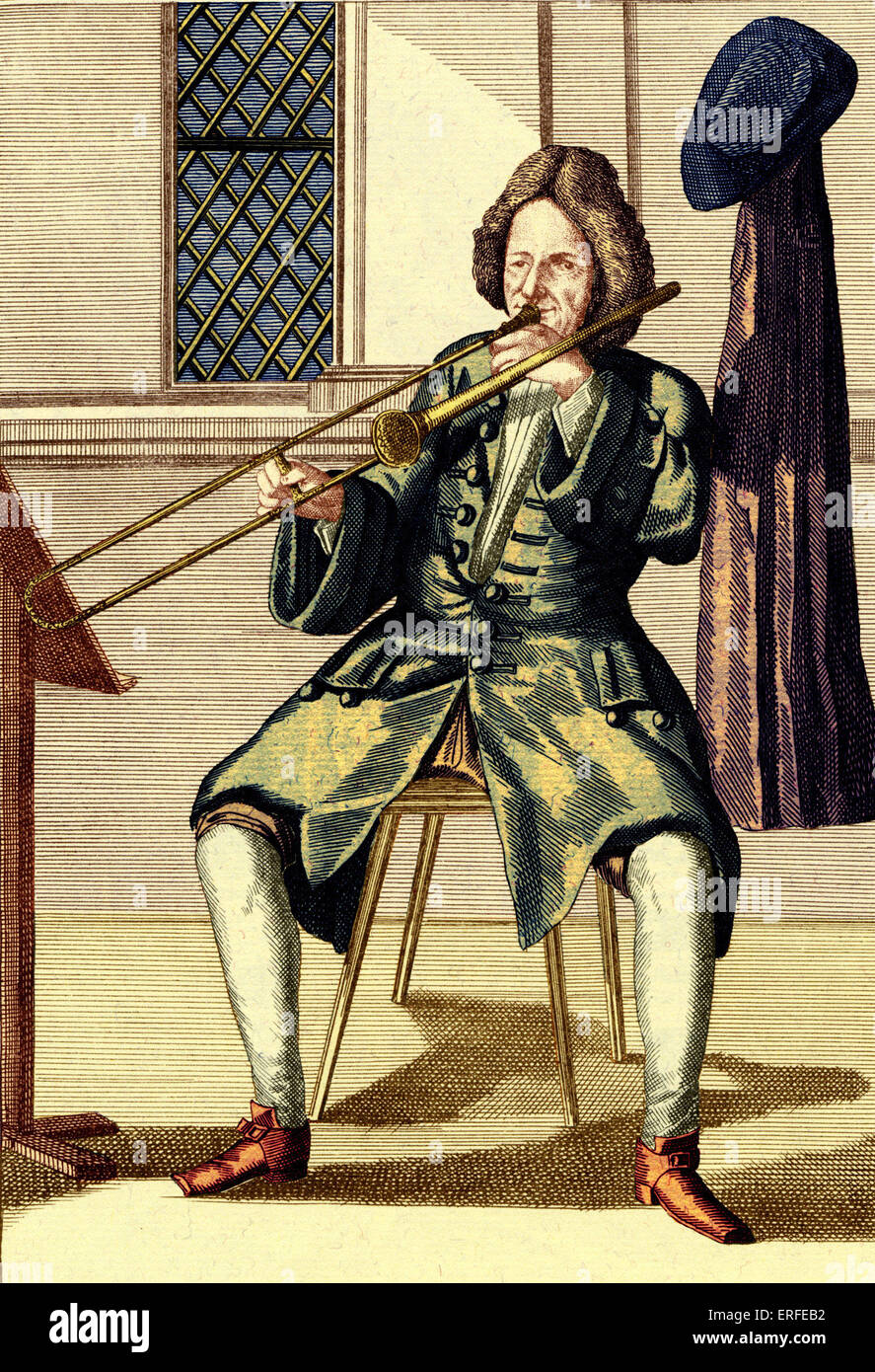 Man playing the sackbut (pausaune). Engraving by J.C. Weigel (1661-1726 ...