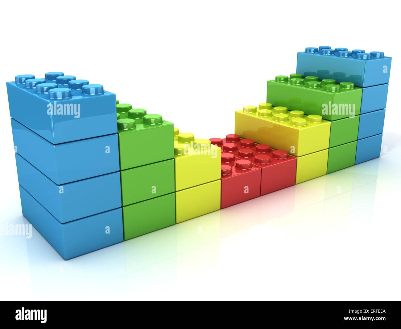 Plastic building blocks forming wall, children toy isolated on white ...