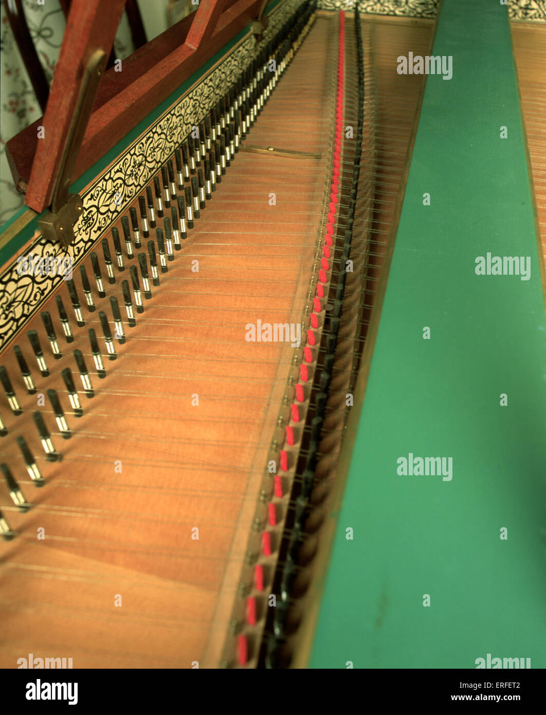 Harpsichord. Close up showing strings and pegs. Instrument by Anthony ...