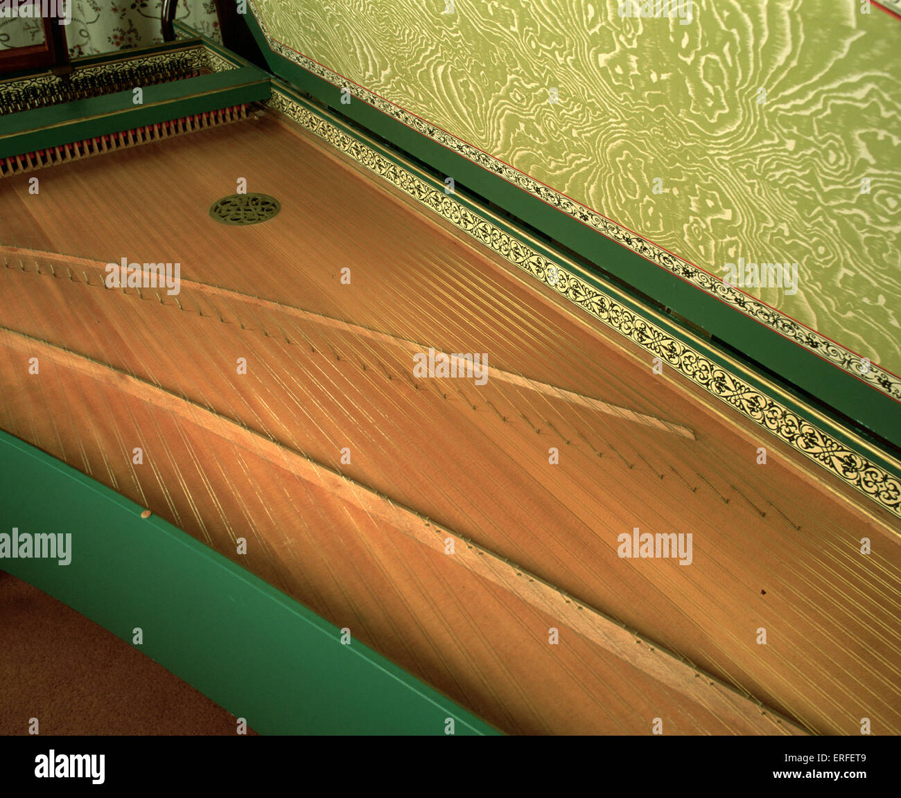 Harpsichord with open lid, showing strings, sound-board and sound-holes ...