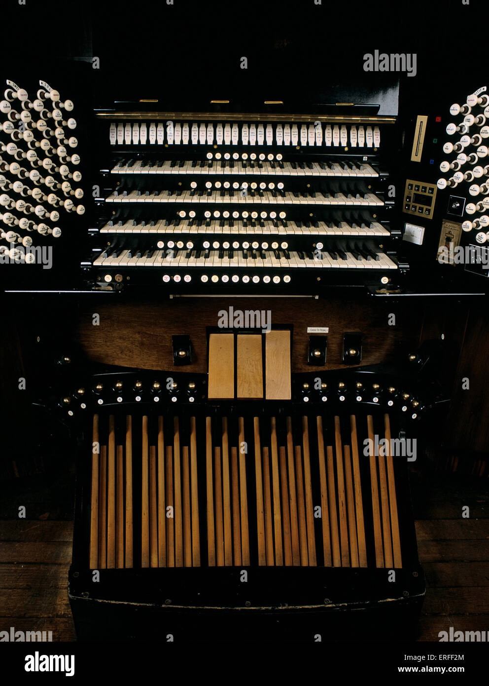 Concert organ. View of the organ's console (the ensemble of keyboards ...