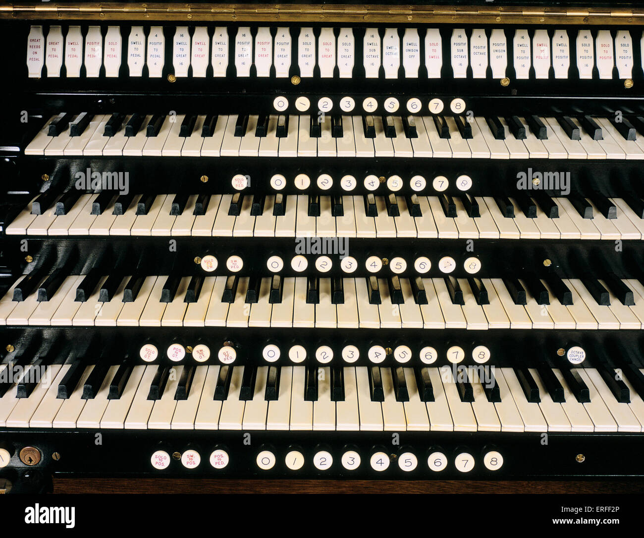 Concert organ. Close-up of the organ's console (the ensemble of ...