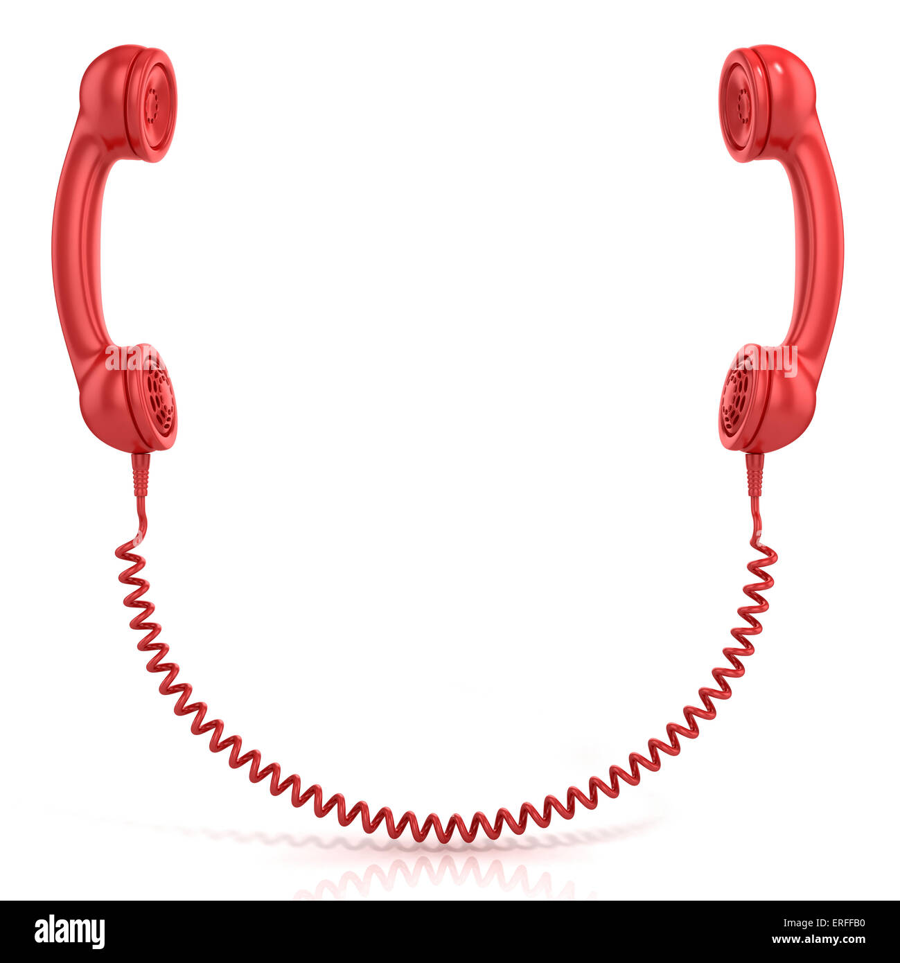 Red old fashion phone handsets connected isolated on white background ...