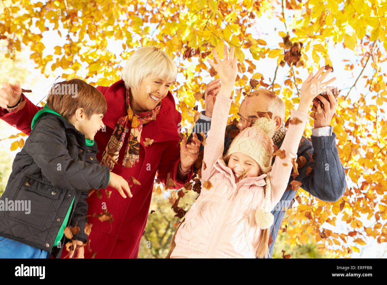 Grandparents And Grandchildren With Leaves In Autumn Garden Stock Photo ...