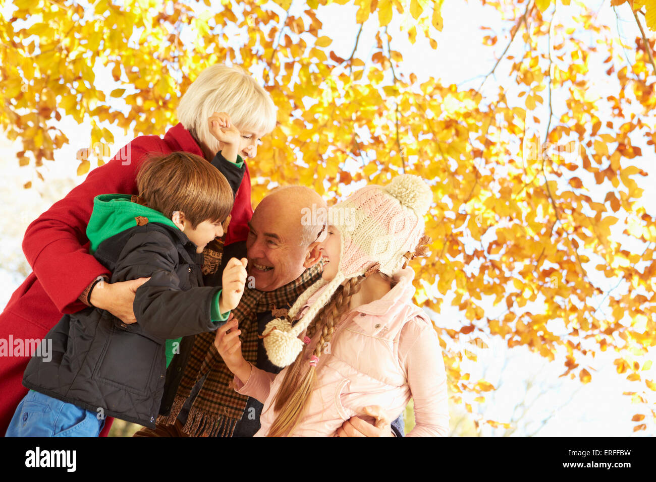 Grandparents And Grandchildren Playing Under Autumn Tree Stock Photo ...