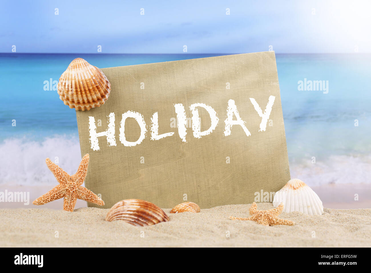 Beach scene in summer holiday with sand, sea shells and stars Stock ...