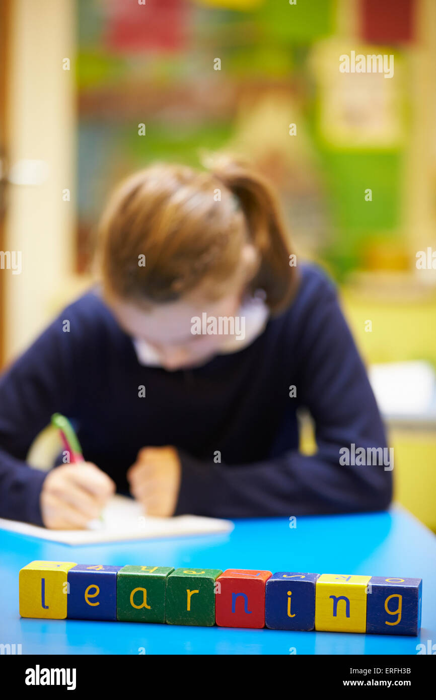 Word "Learning" Spelt In Wooden Blocks With Pupil Behind Stock Photo ...