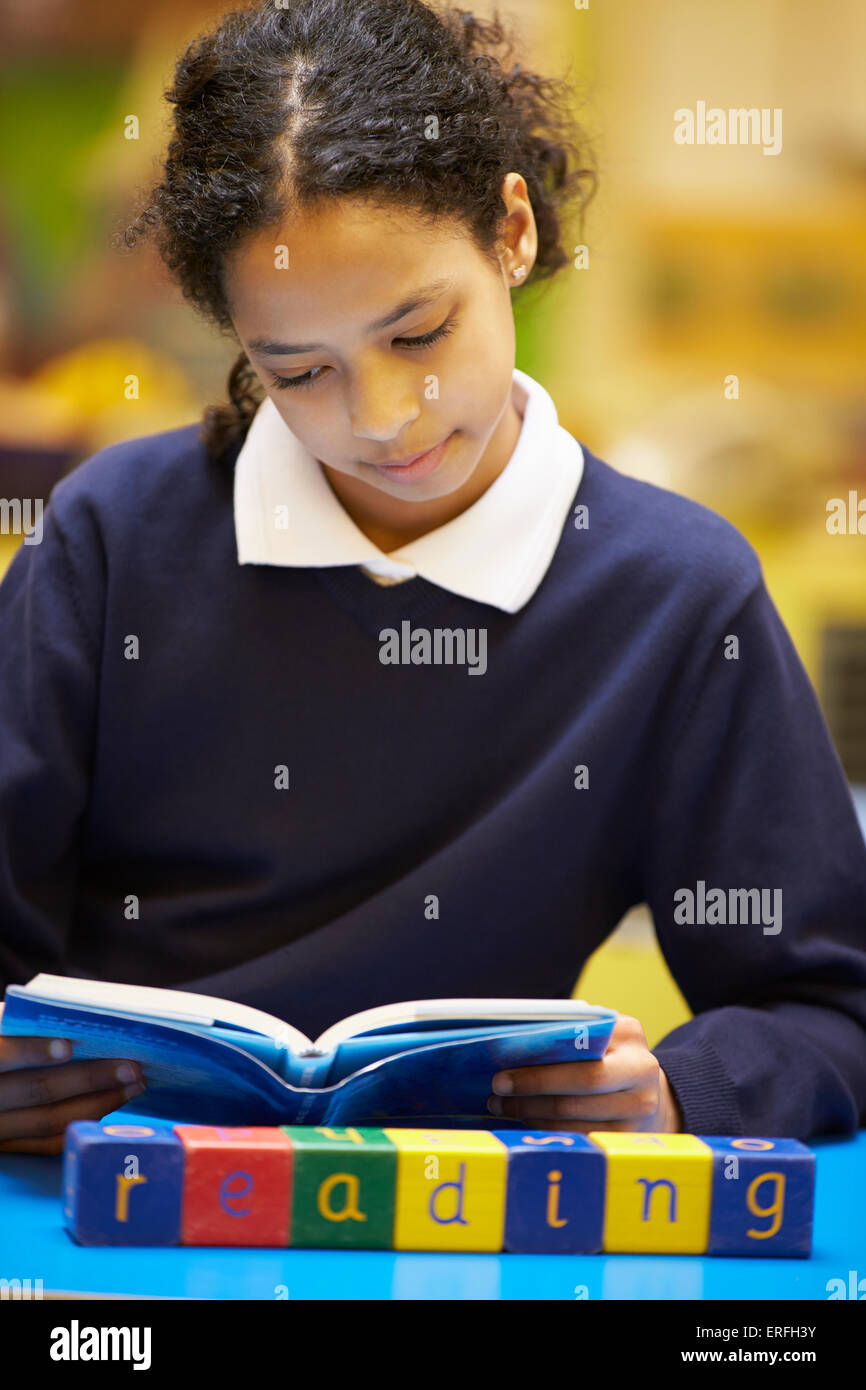 Word "Reading" Spelt In Wooden Blocks With Pupil Behind Stock Photo - Alamy