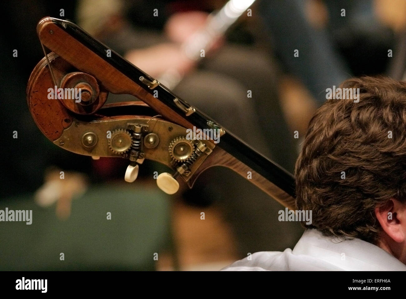 Double Bass scroll, close-up of instrument in rehearsal Stock Photo - Alamy