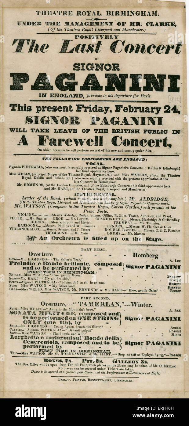 Niccolo Paganini - playbill / poster for 'positively the last concert ...