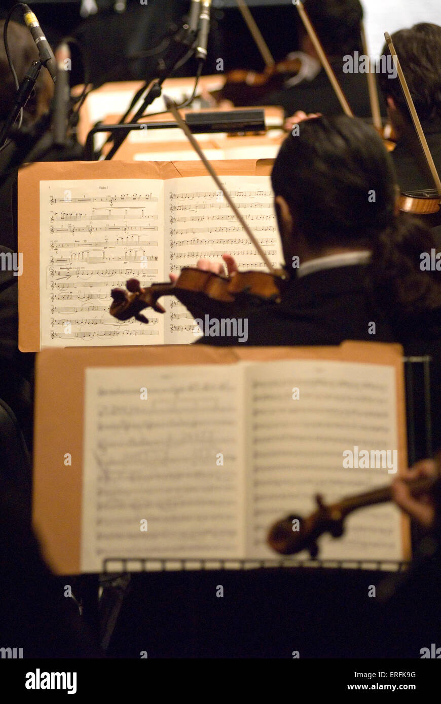 Violin 1 section of orchestra playing during concert with Ennio ...