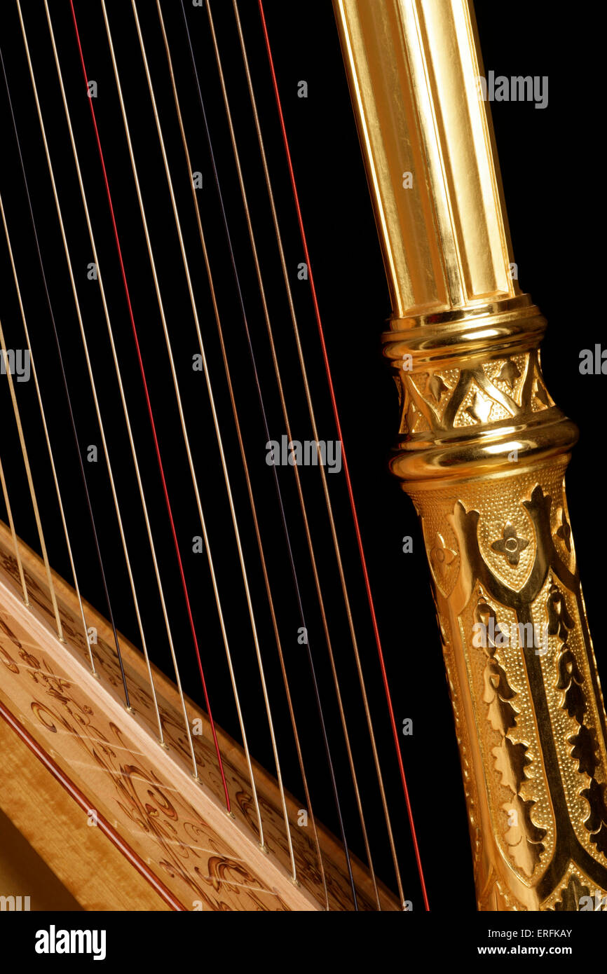 Concert harp made by Obermayer - close-up of details showing pegs and ...