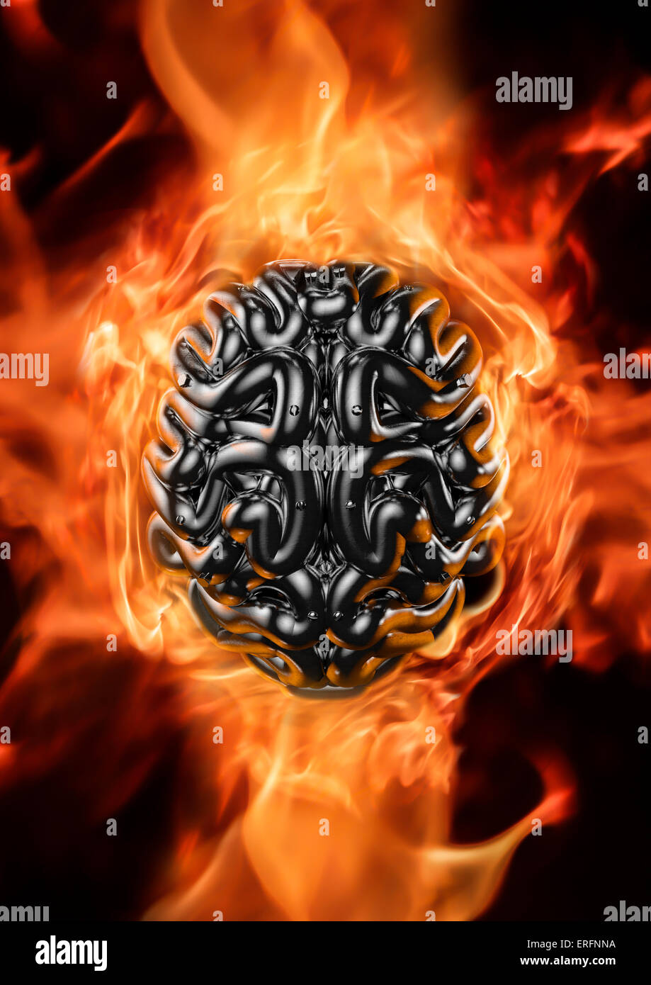 3D render of grungy metal brain with fire background Stock Photo - Alamy