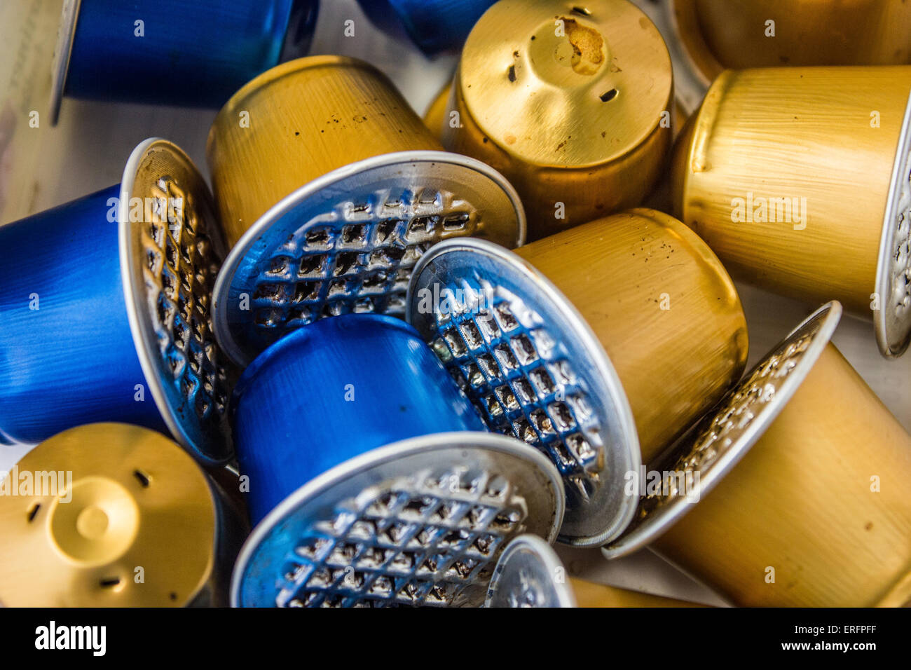 Spent or used empty Nespresso capsules, coffee capsules, aluminium ...
