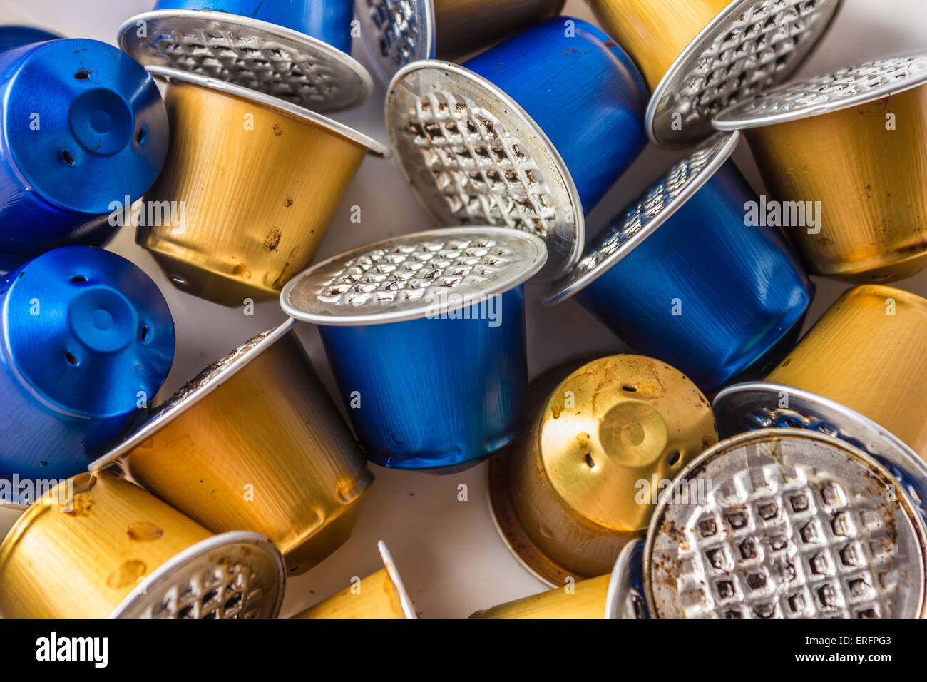 Spent or used empty Nespresso capsules, coffee capsules, aluminium ...