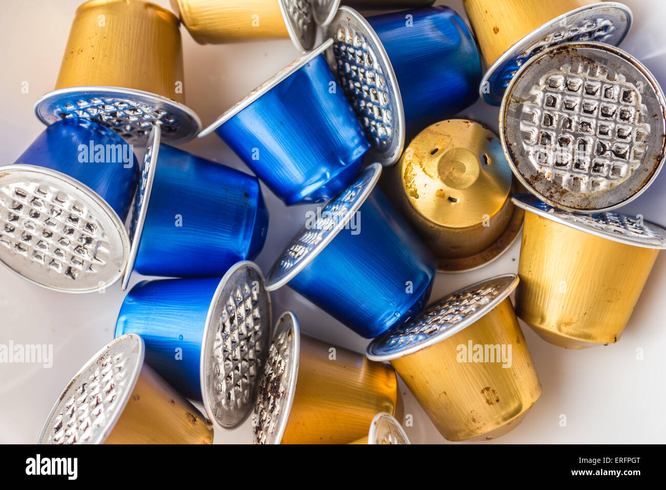 Spent or used empty Nespresso capsules, coffee capsules, aluminium ...