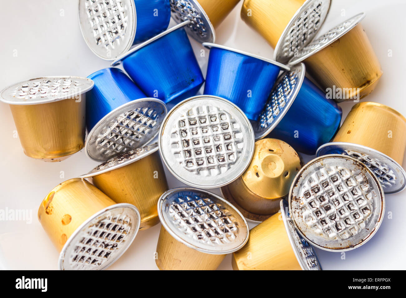 Spent or used empty Nespresso capsules, coffee capsules, aluminium ...