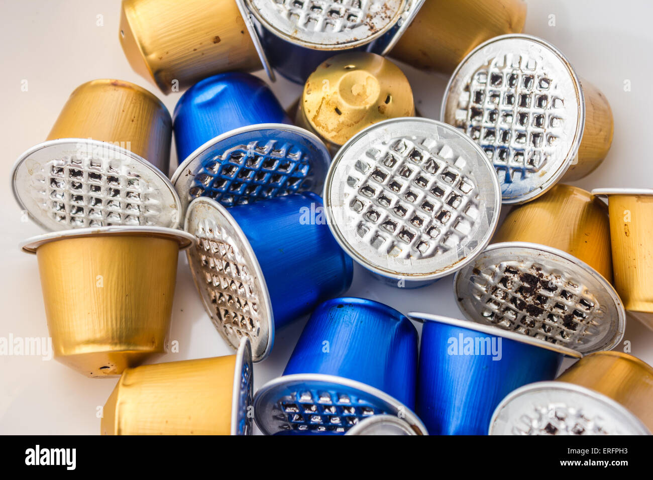 Spent or used empty Nespresso capsules, coffee capsules, aluminium ...