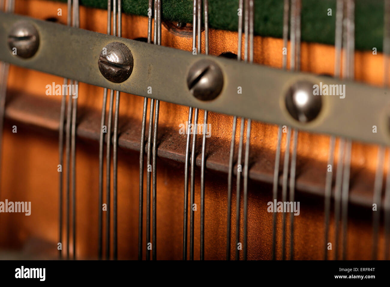 Close-up detail of piano - pegs or pins and strings from an upright ...