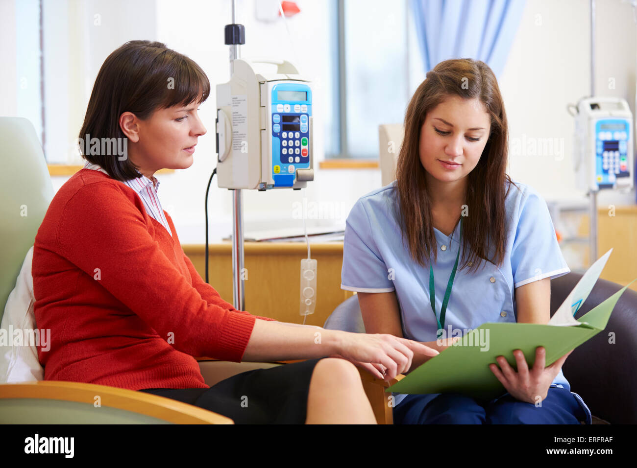 Woman Having Chemotherapy Looking At Test Results With Nurse Stock ...