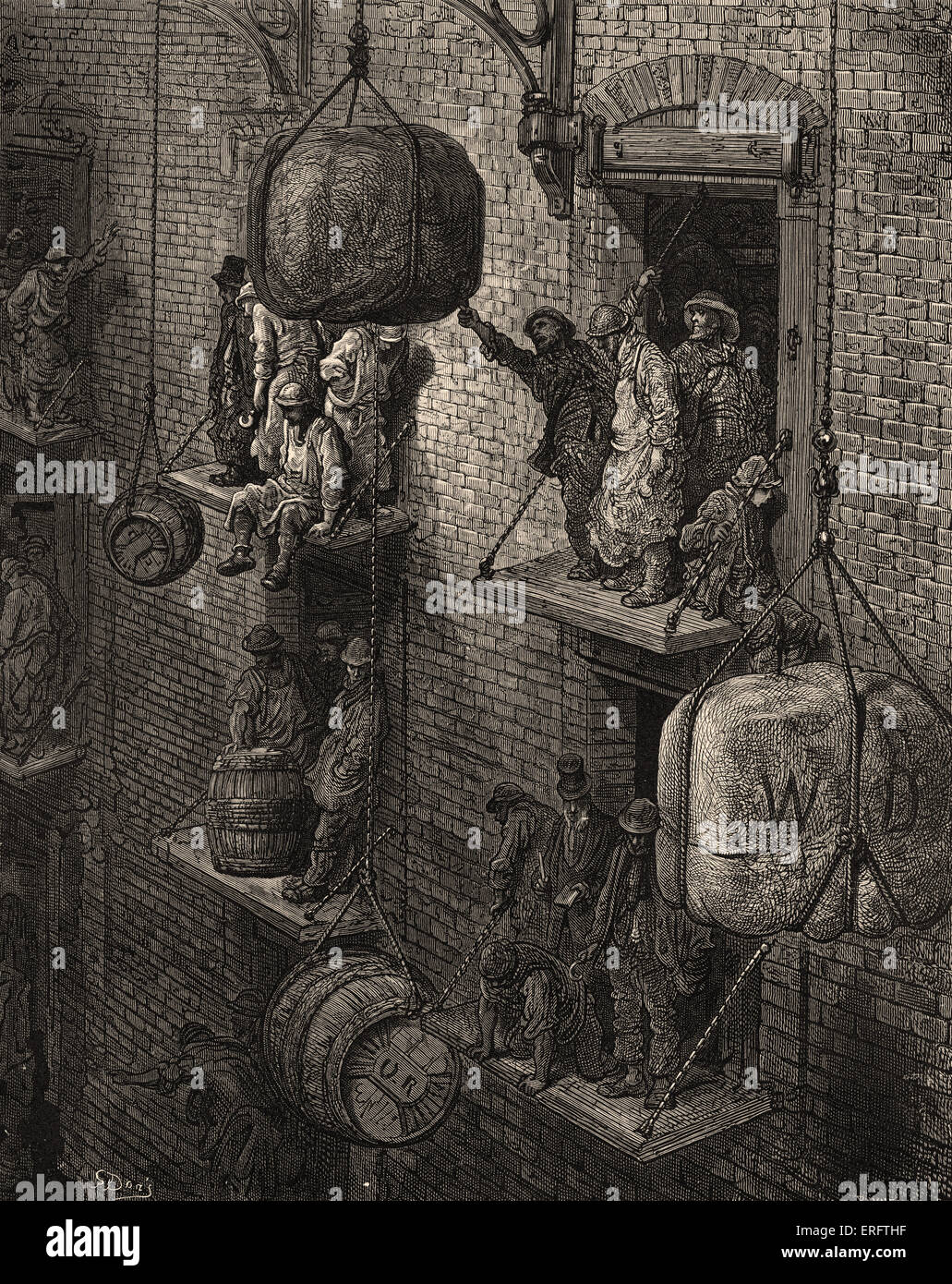 Victorian London warehouse. Engraving by Gustave Doré, from 'London, a ...