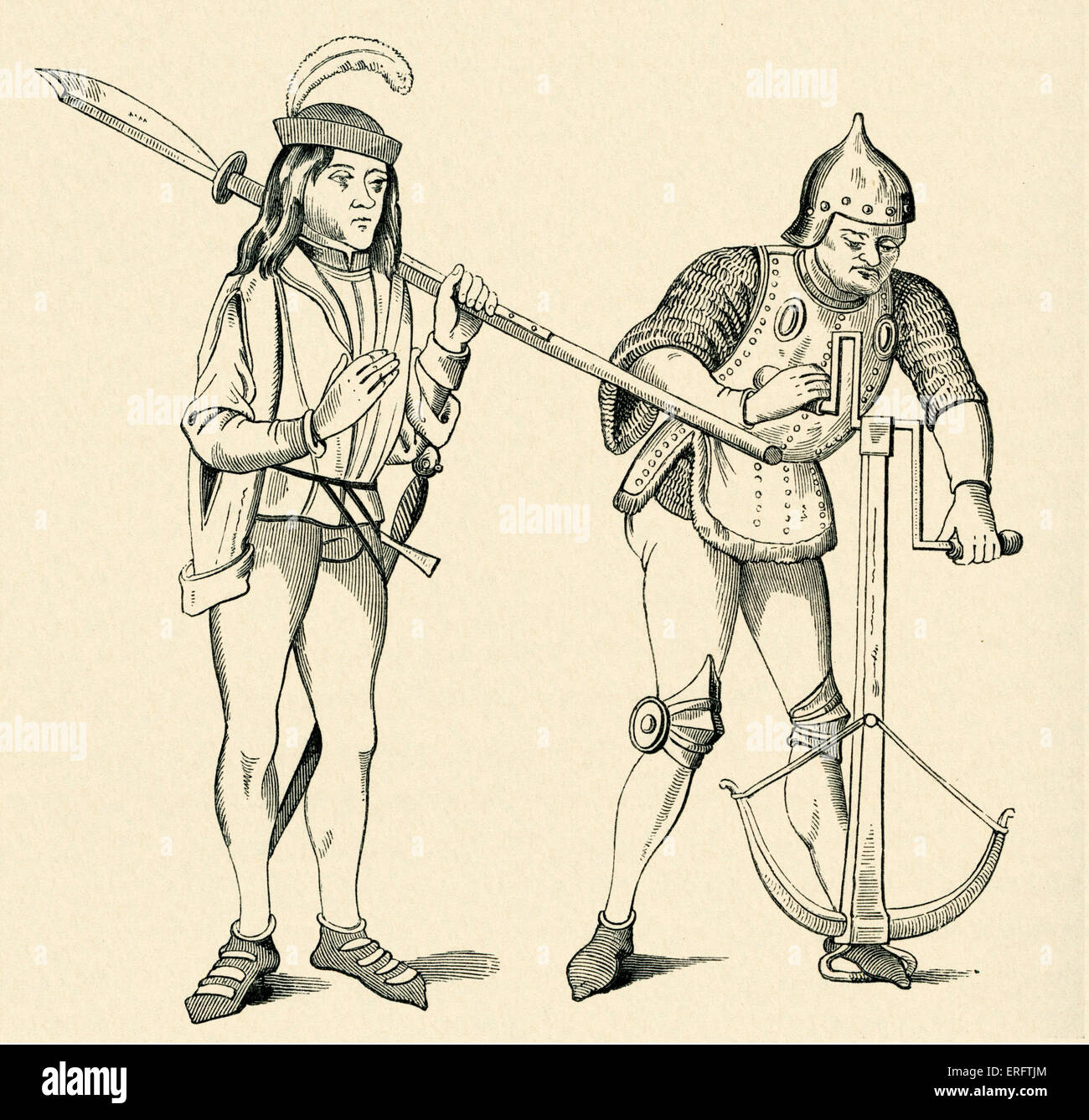 Varlet/Squire carrying an halberd and Archer in fighting dress drawing ...