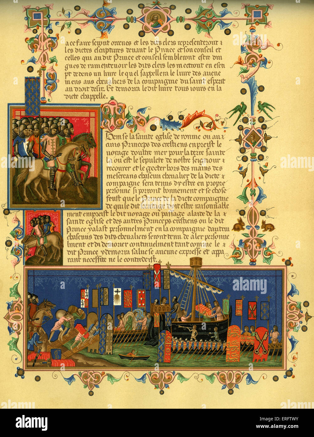 Departing for the Crusades in the Holy Land. French illuminated ...