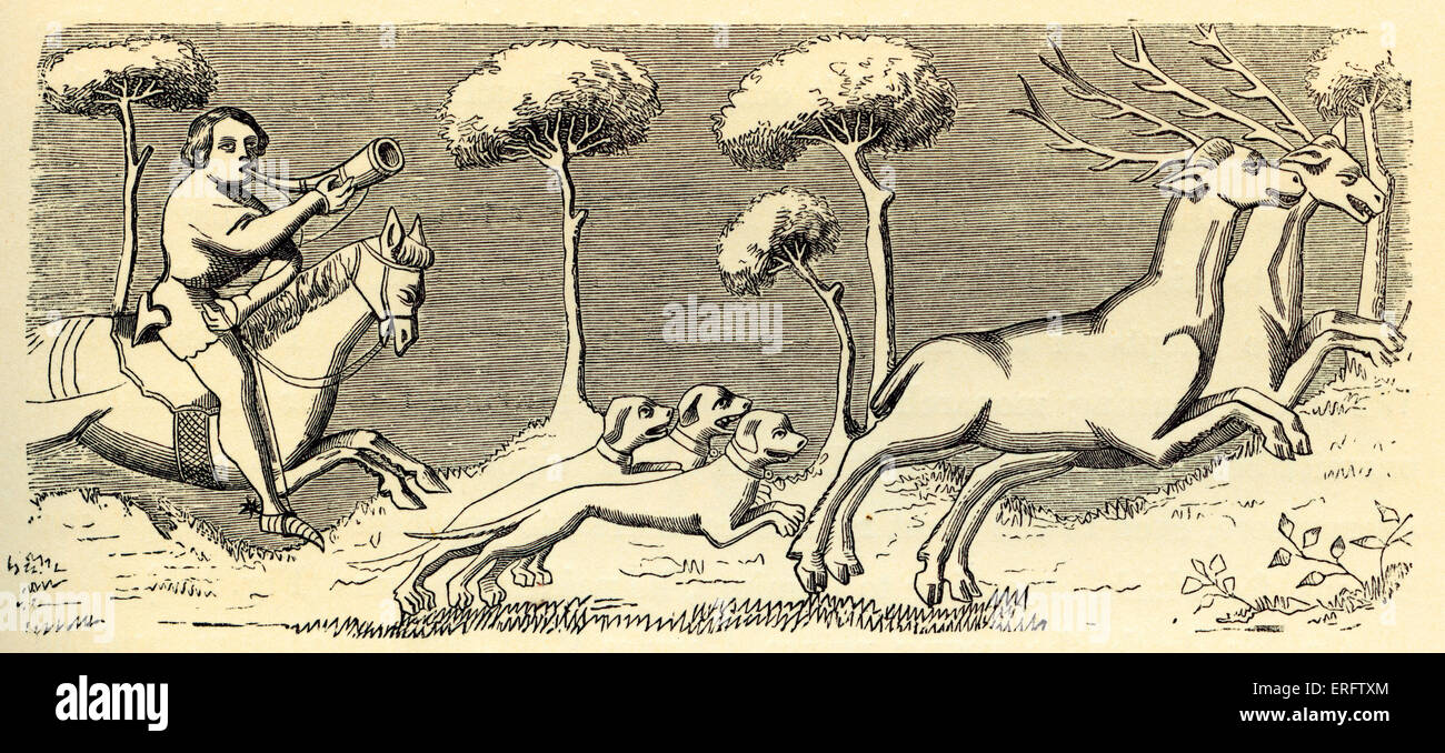 Medieval deer hunting. Caption 'Nature and appearance of deer and how ...