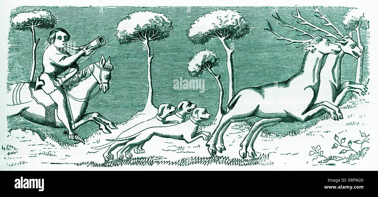 Medieval deer hunting. Caption 'Nature and appearance of deer and how ...