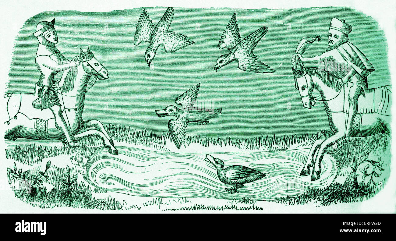 Medieval falconers bathing new birds. Miniature in the manuscript of ...