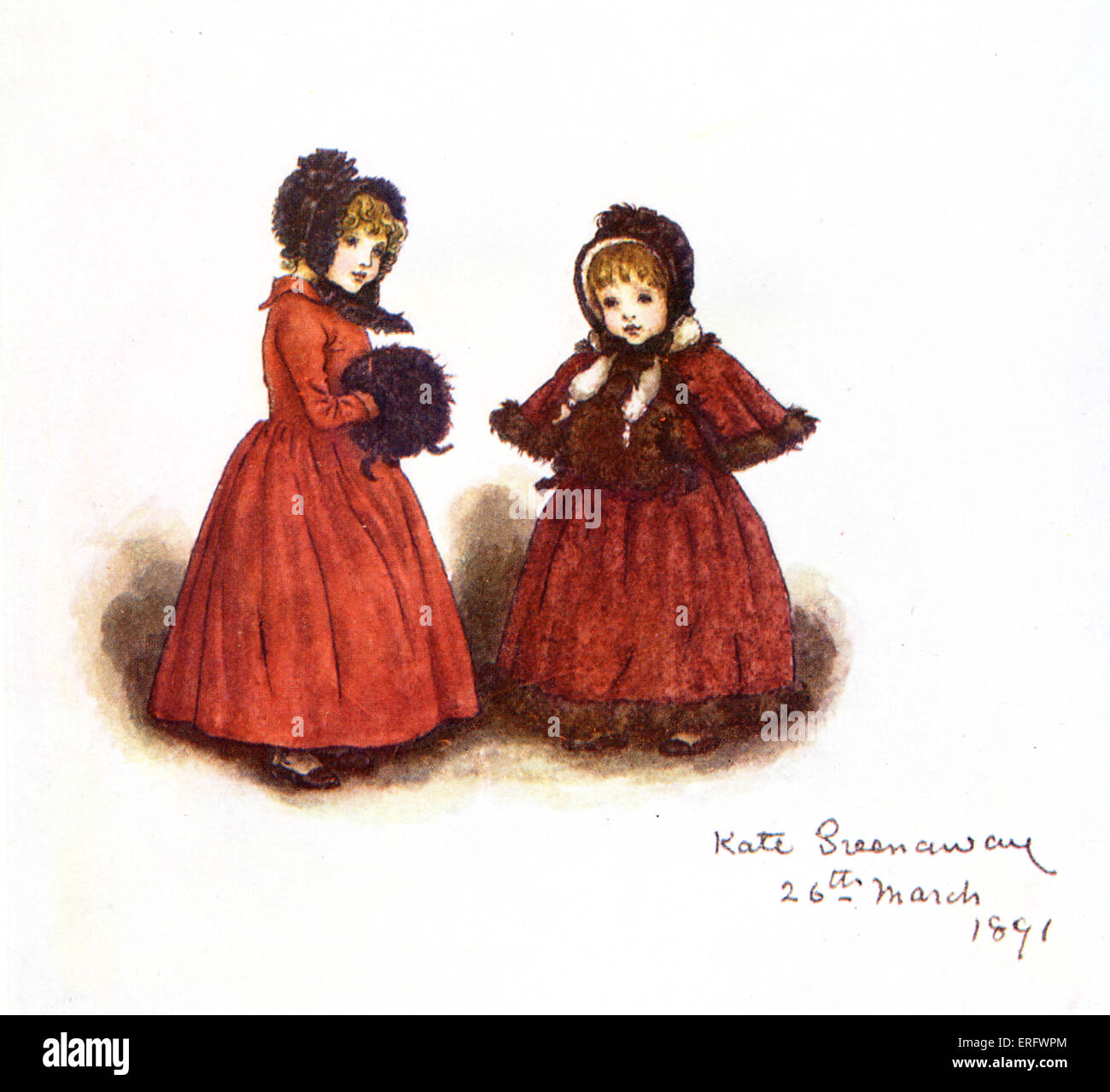'Out for a walk' by Kate Greenaway. Two Victorian children wearing ...