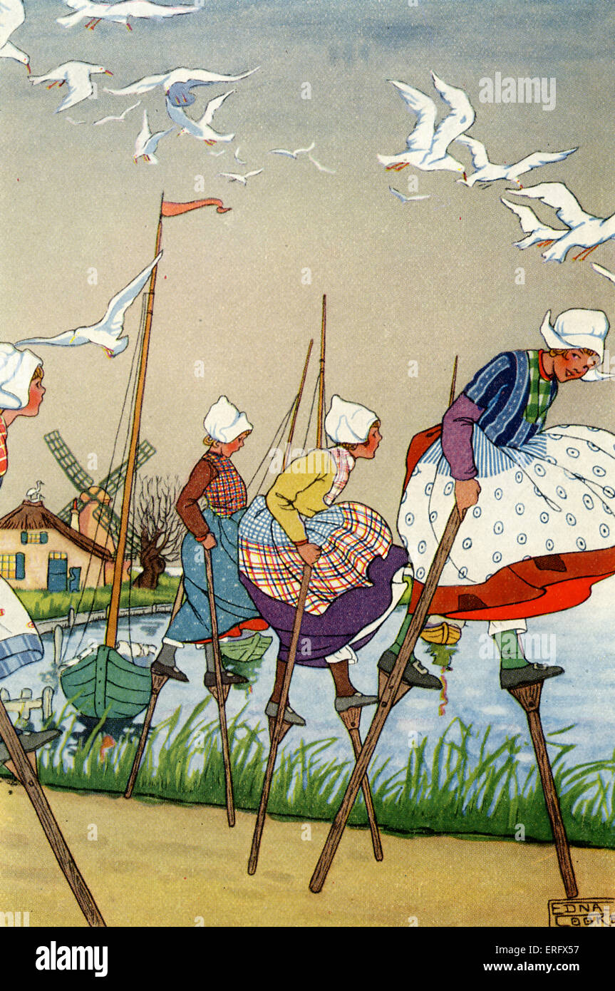 Dutch children on stilts wearing traditional Dutch cotton hats ...