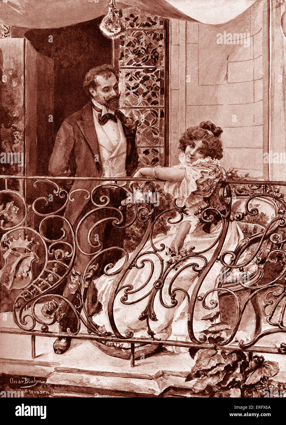 Women on balcony being courted by man . , drwn by Oscar Bluhm ...
