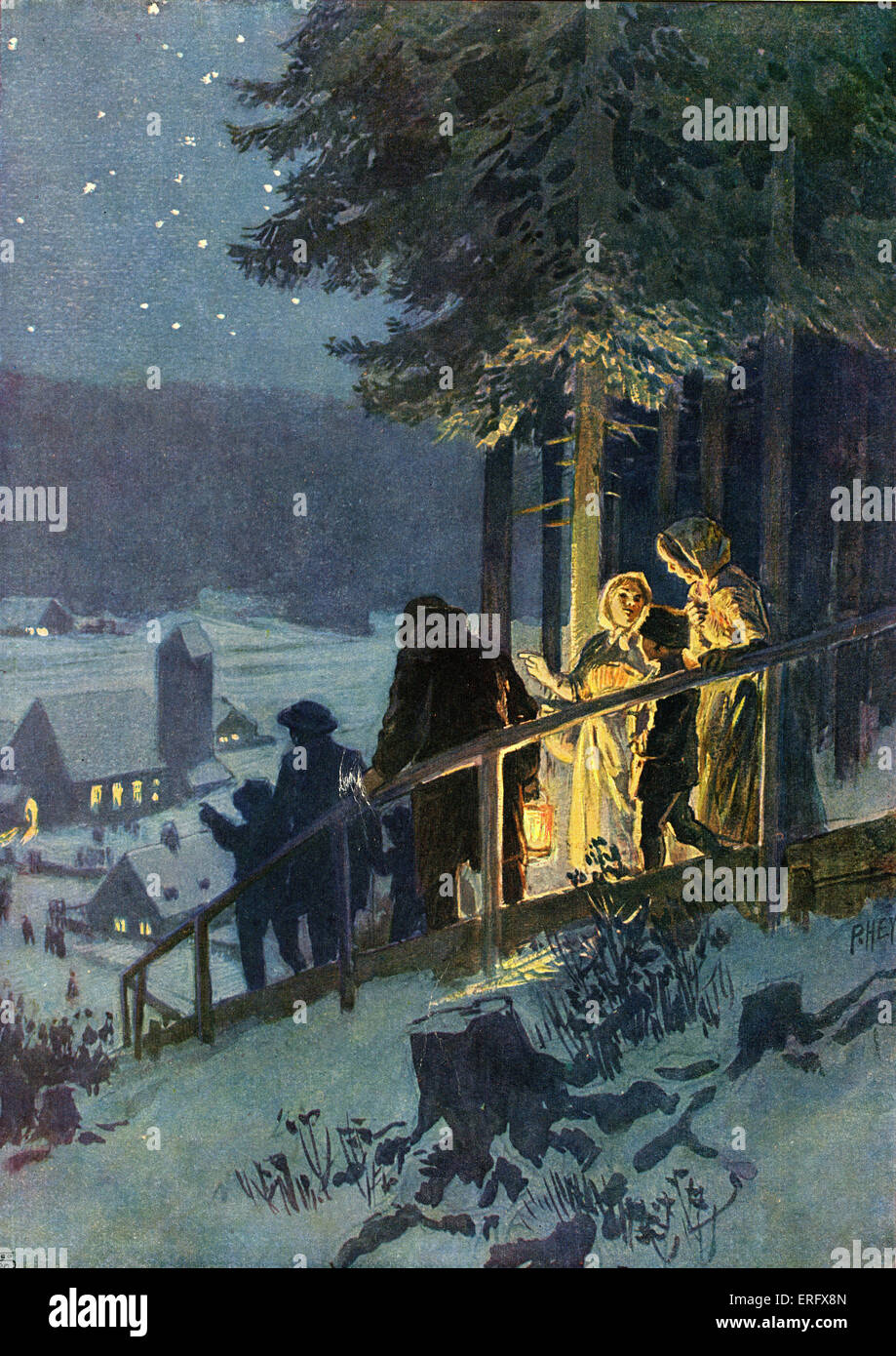 German Christmas scene with children walking to the church for midnight ...