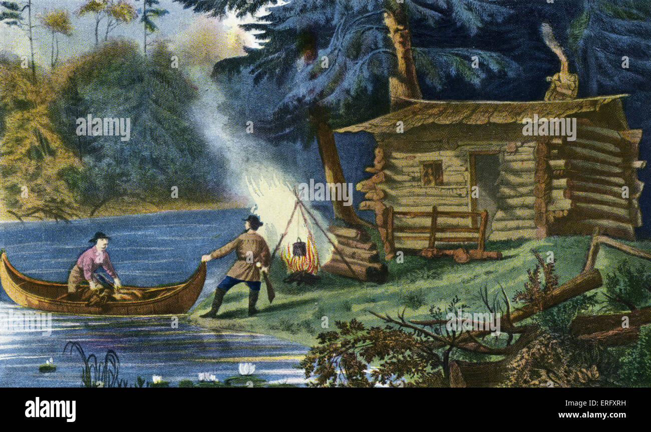 Hunting in the Adirondacks. Hunters' log cabin, with log fire burning ...