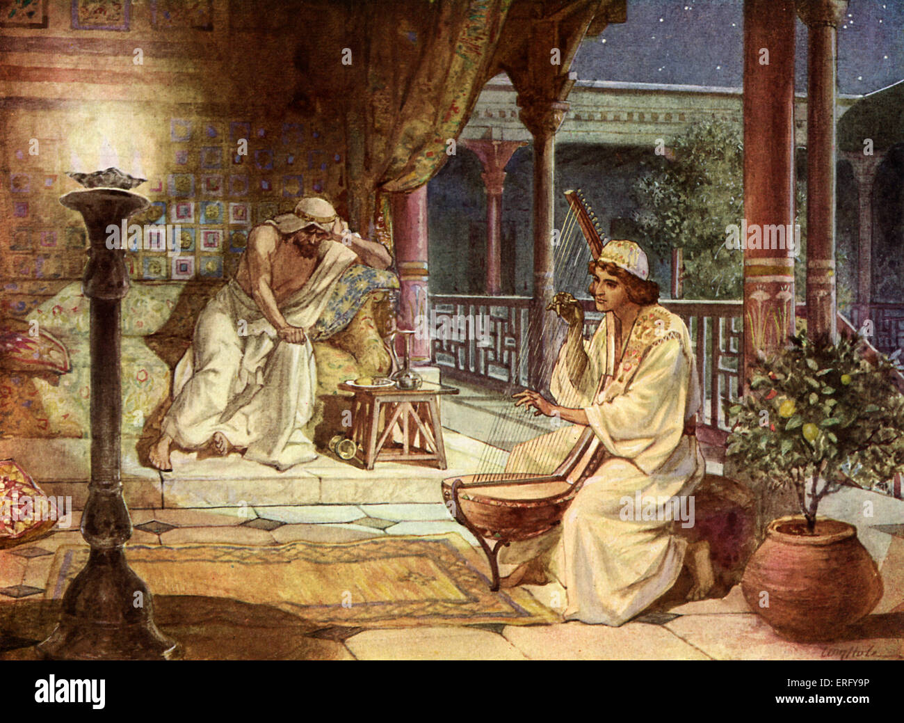 David playing on the harp for Saul, to calm his moods. I Samuel 16: 23 ...