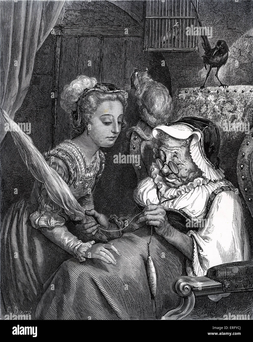 Sleeping Beauty: the princess and the Fairy Spite in the turret, drawn ...