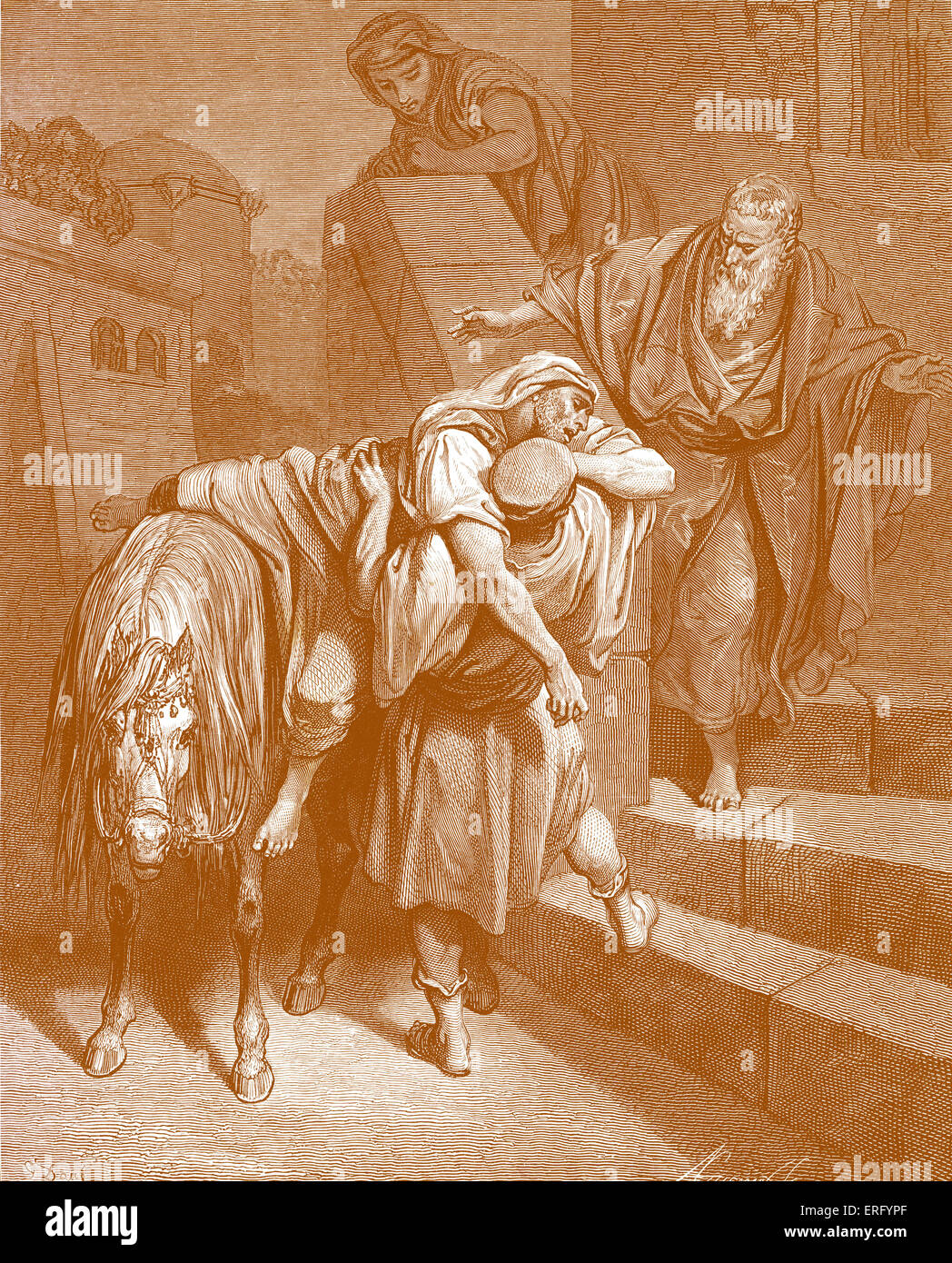 The Good Samaritan arrives at the inn, engraving by Gustave Doré. The ...