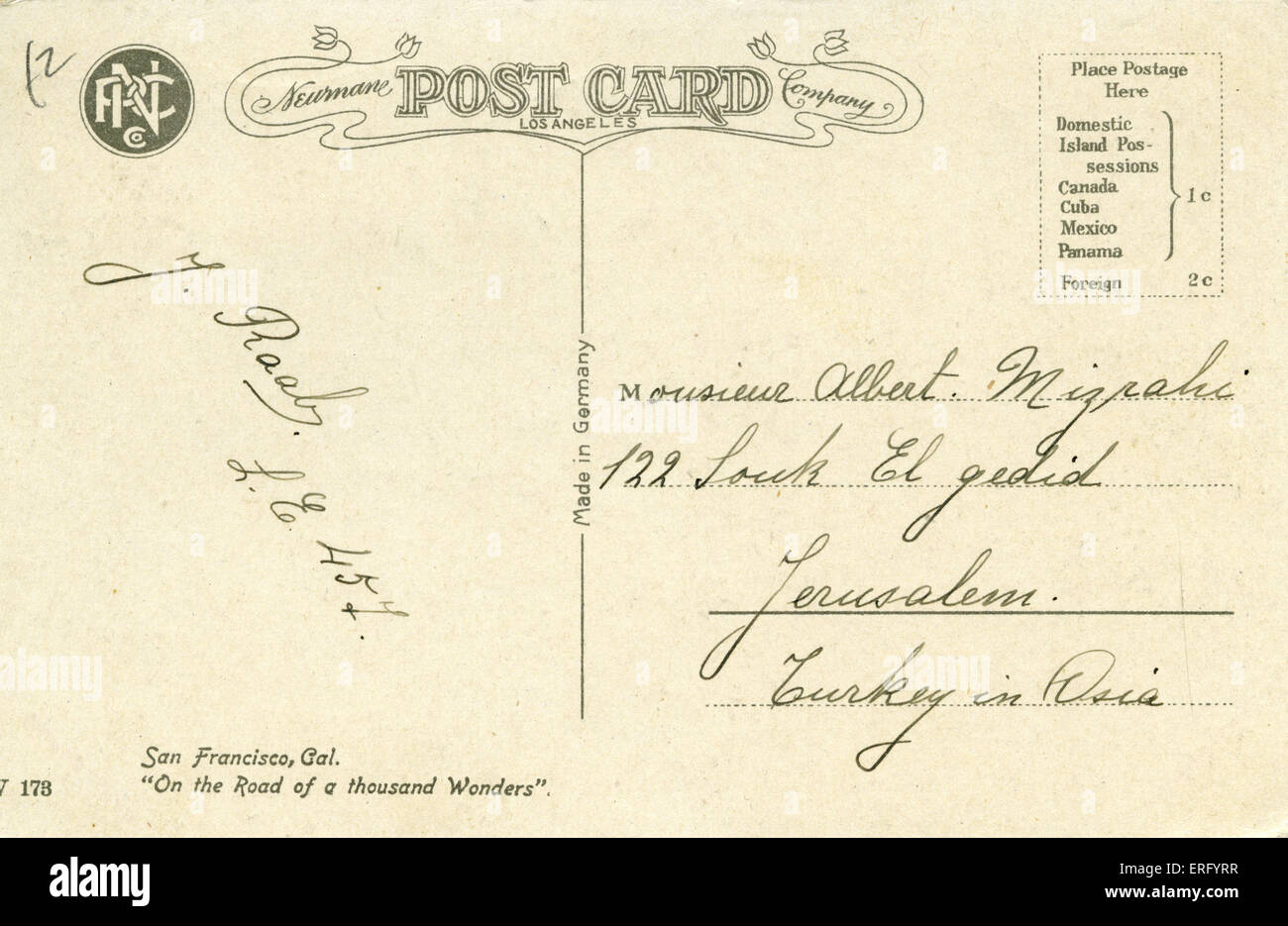 Postcard addressed to Jerusalem late 19th century during Ottoman rule ...