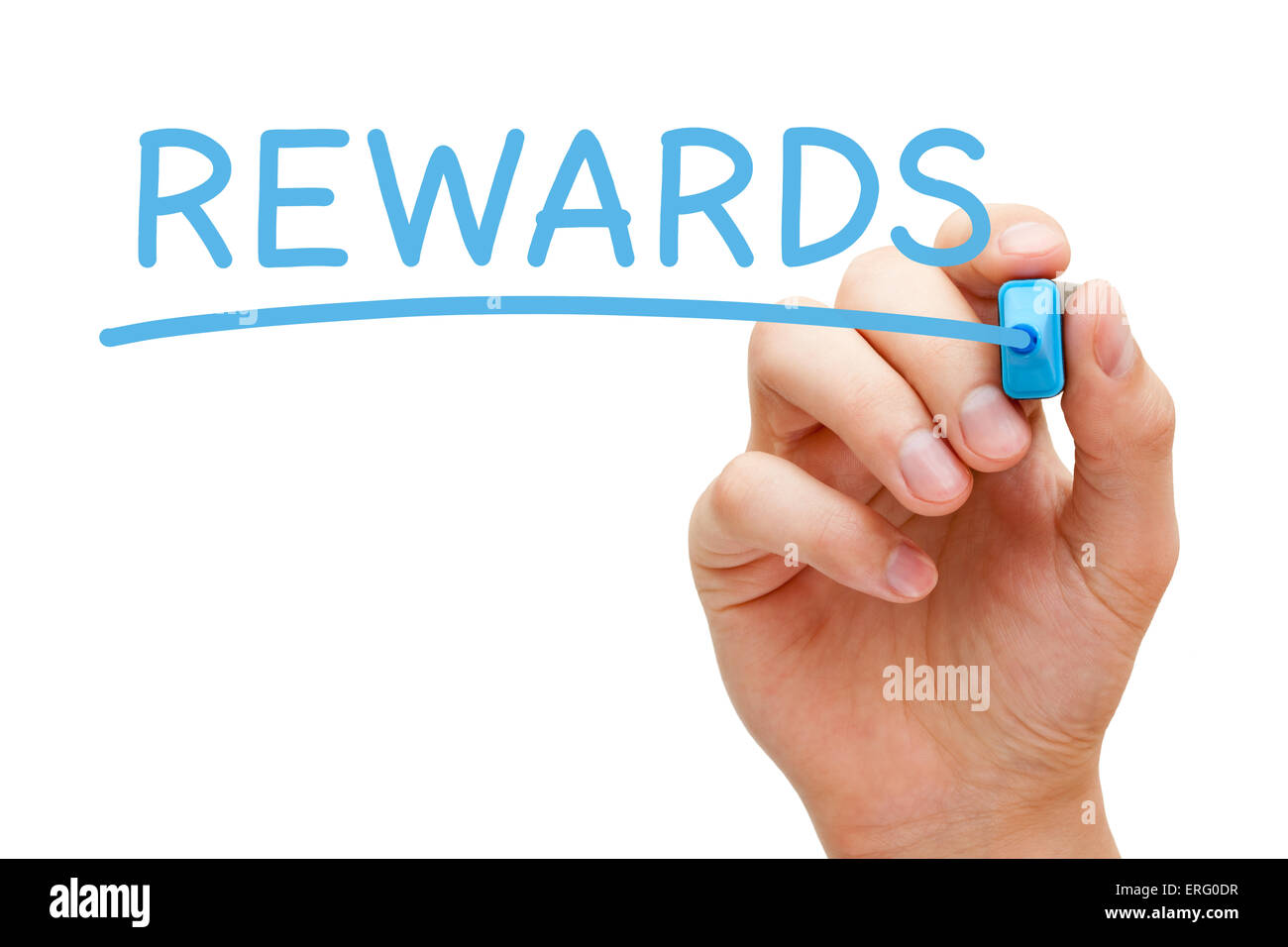 Hand writing Rewards with blue marker on transparent wipe board Stock ...