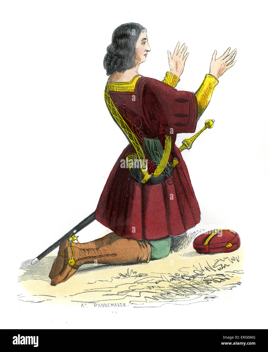 German nobleman of 15th century. He wears a velvet doublet. Attached to ...