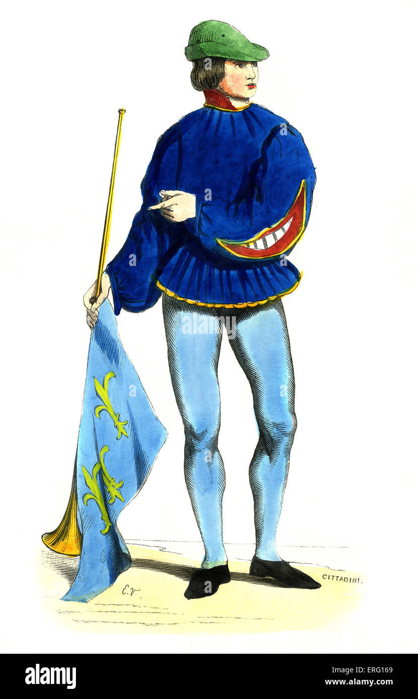 Trumpeter - French male costume from 15th century, wearing a doublet ...