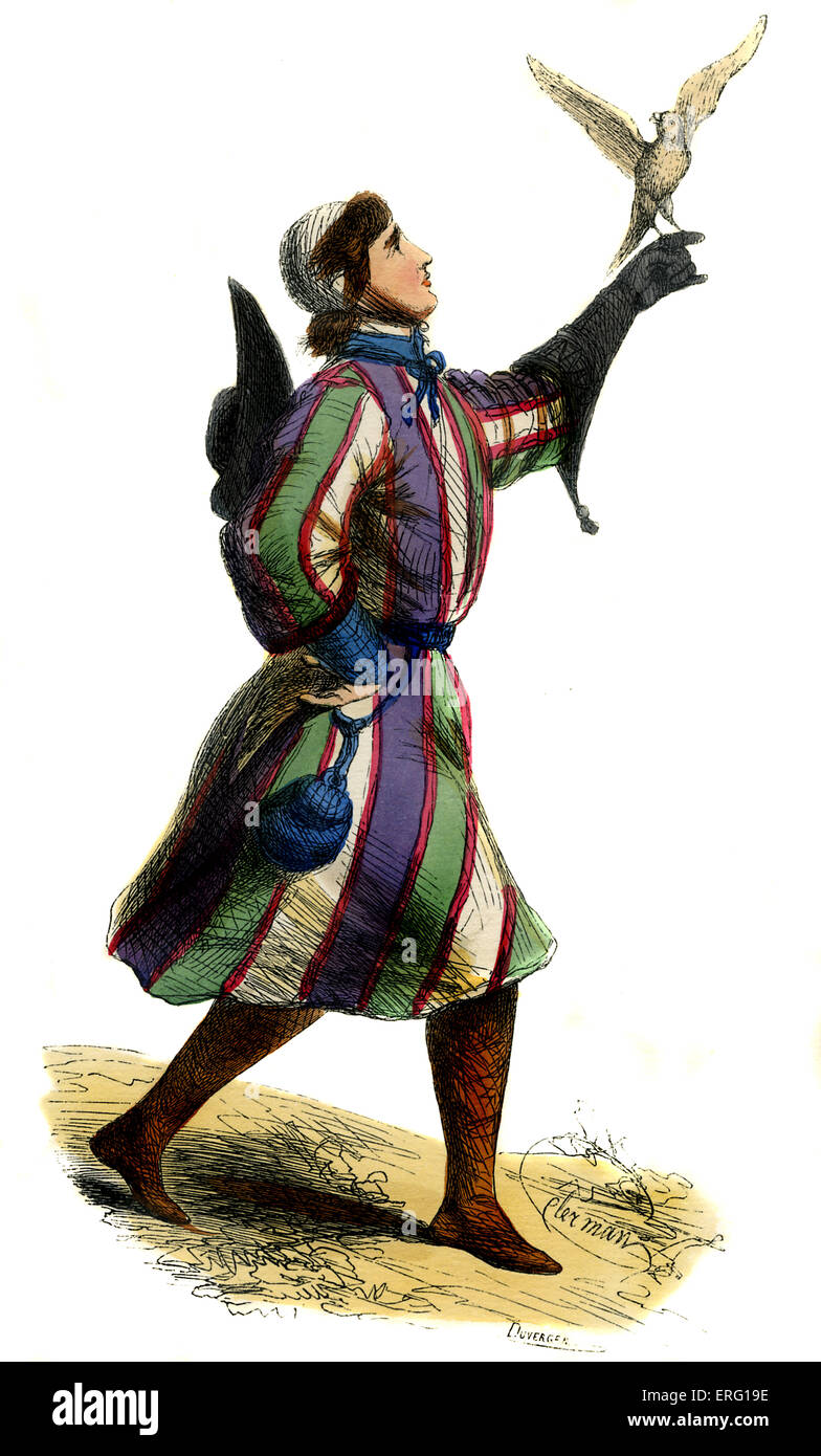 German falconer - male costume of 13th century. Wearing a multicoloured ...