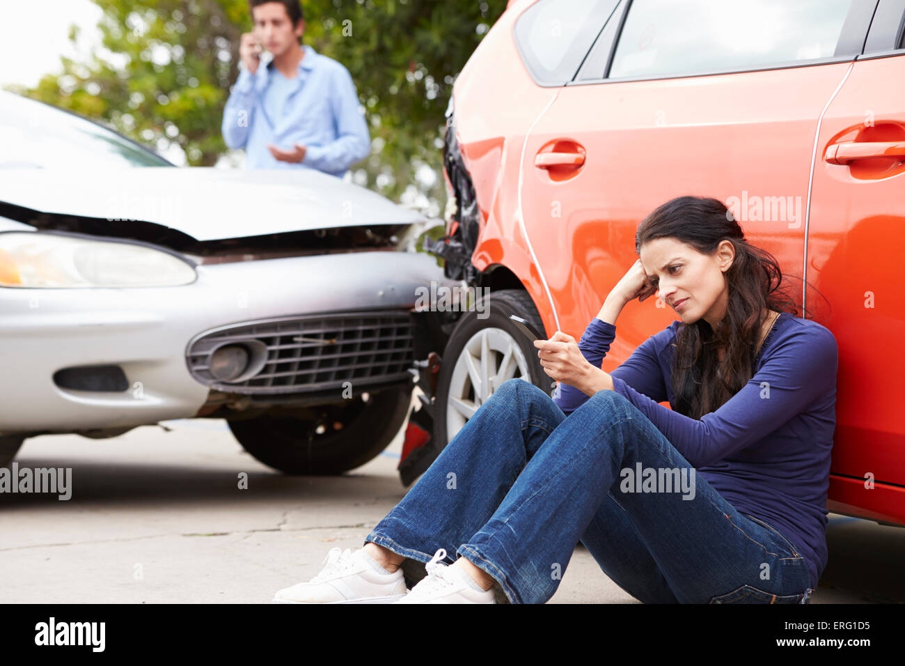 Female Driver Making Phone Call After Traffic Accident Stock Photo - Alamy