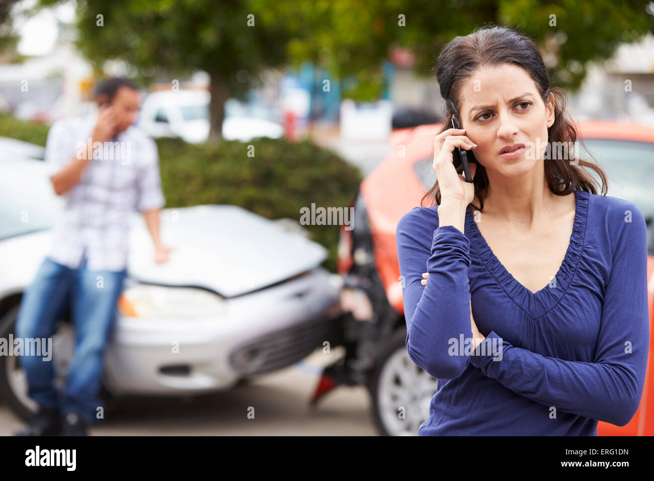 Female Driver Making Phone Call After Traffic Accident Stock Photo - Alamy
