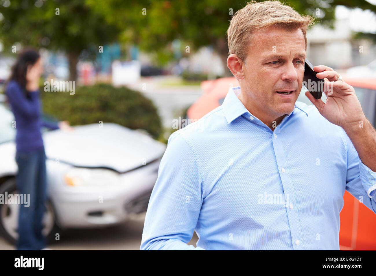 Male Driver Making Phone Call After Traffic Accident Stock Photo - Alamy