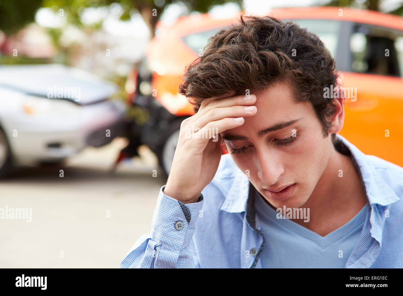 Worried Teenage Driver Sitting By Car After Traffic Accident Stock ...
