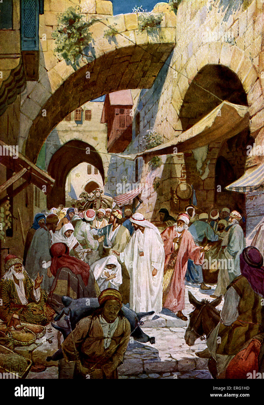 Jesus cures a sick woman as she touches Jesus' garments. 'For she said ...