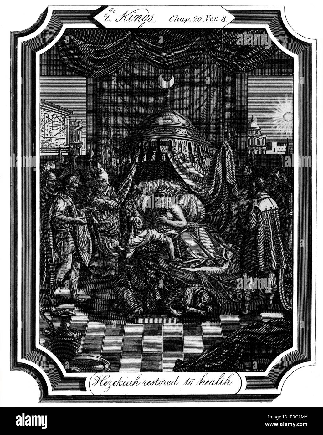 Hezekiah is cured after Isaiah prays for him. Caption reads: Hezekiah ...